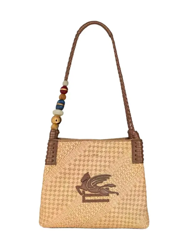 Etro Small Raffia Tote Bag With Embroidered Pegaso Logo - Neutrals