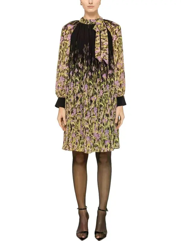 NISSA Pleated Floral Print Mini Dress - Black