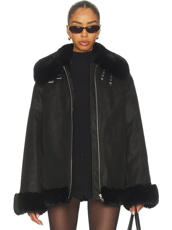 LOVERS AND FRIENDS Faux Leather Jacket With Faux Fur Trim - Black