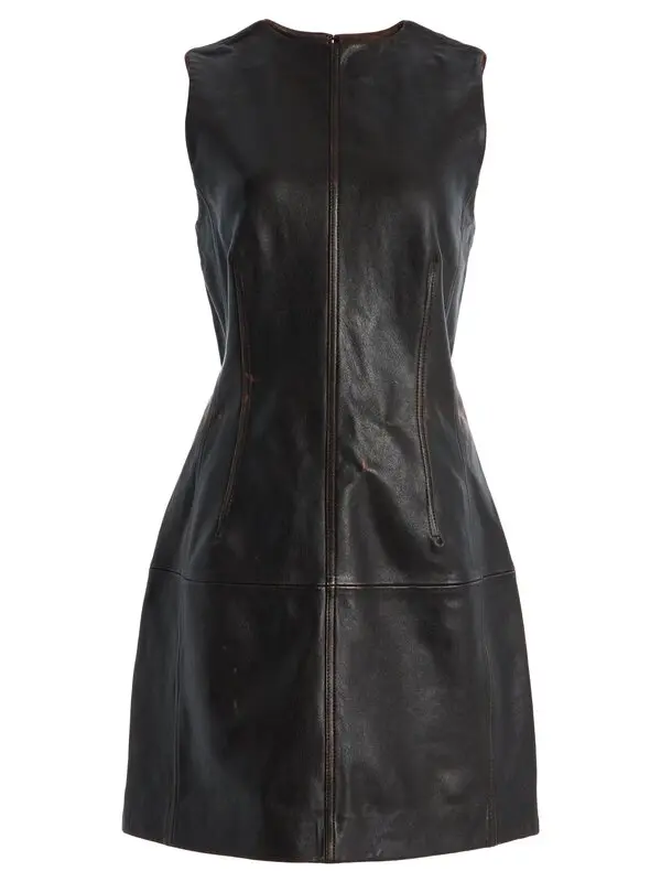 Staud Binix Distressed Leather Mini Dress - Brown