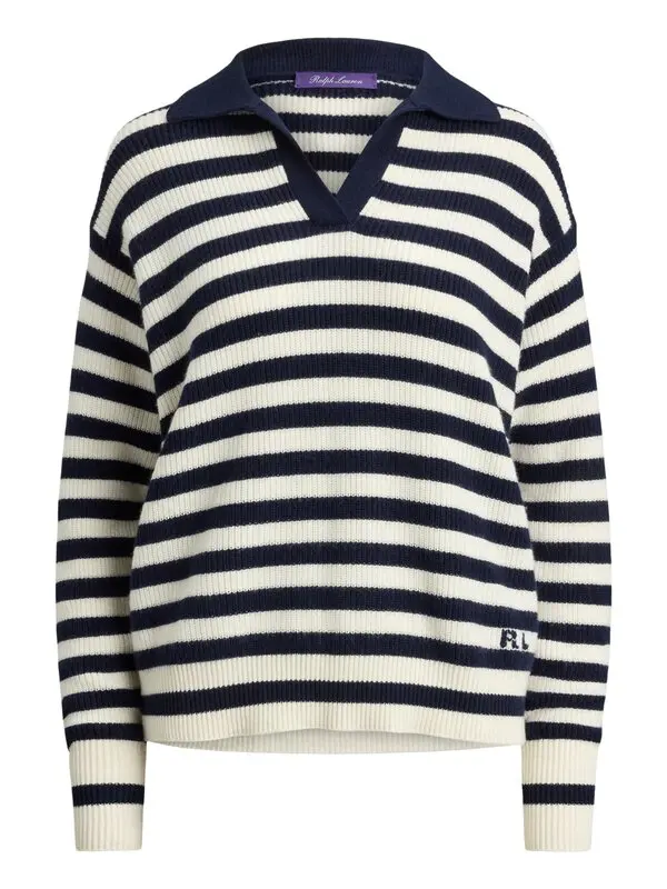 Ralph Lauren Cashmere Striped Polo Sweater - Navy