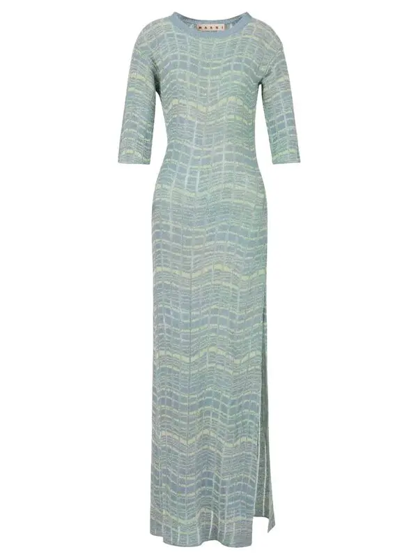 Marni Crewneck Three-quarter Sleeve Slit Maxi Dress - Blue