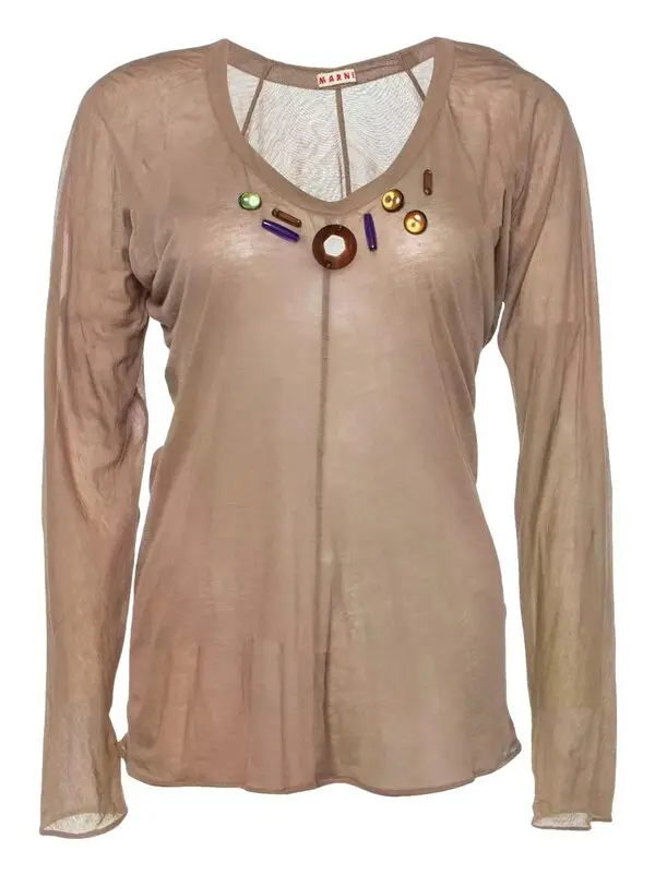 Marni Embellished Sheer V-neck T-shirt - Neutrals