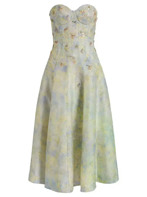 Alberta Ferretti Floral Embellished Strapless Midi Dress - Yellow