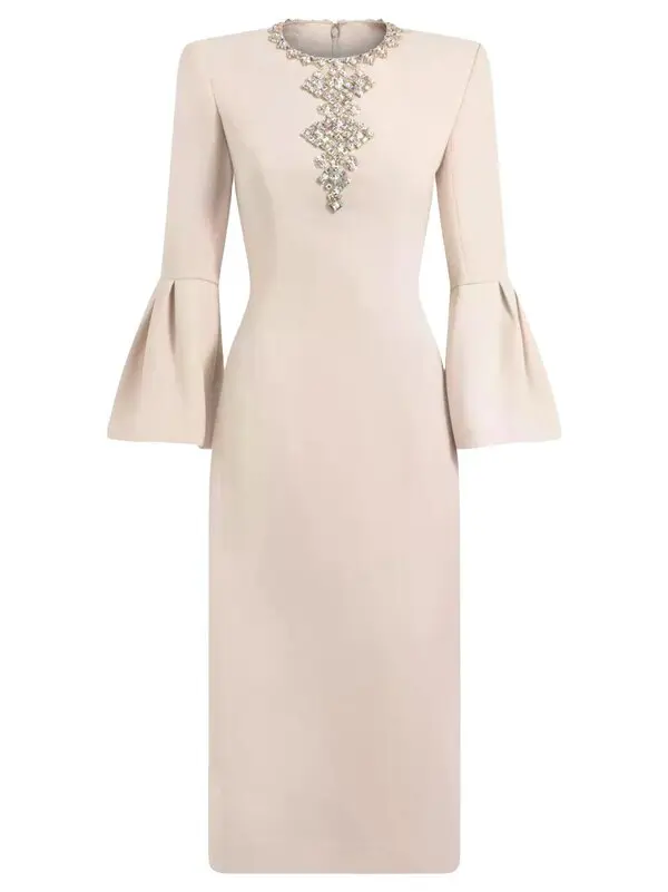 Jenny Packham Margoni Front-embellished Bell-sleeve Midi Dress - Neutrals