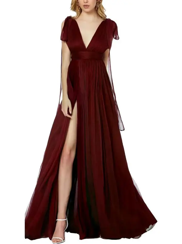 FRAMBOISE Savana Silk Maxi Dress With V-neck And High Leg Slit - Red