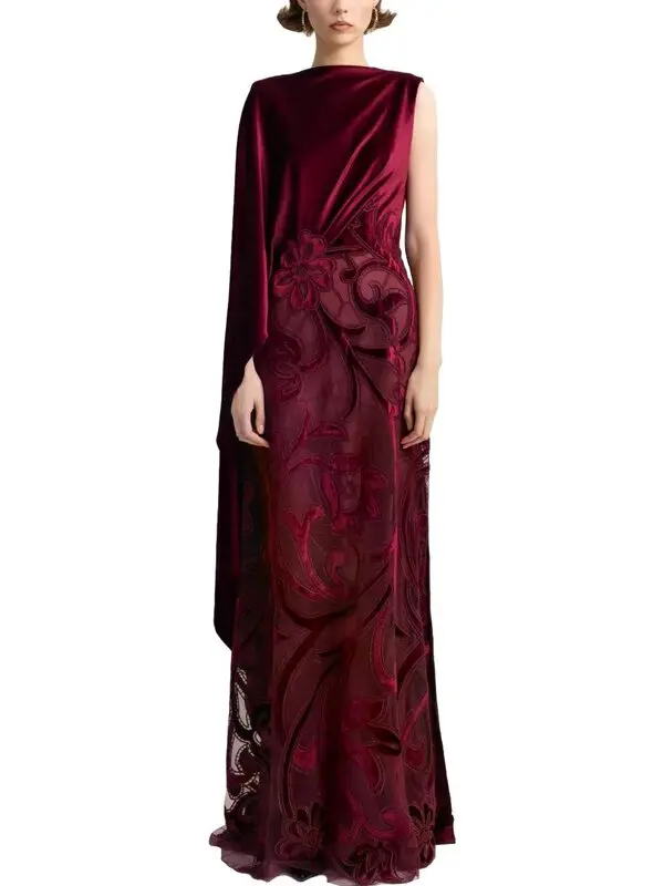 GEMY MAALOUF Velvet Trim Embroidered Maxi Dress - Red