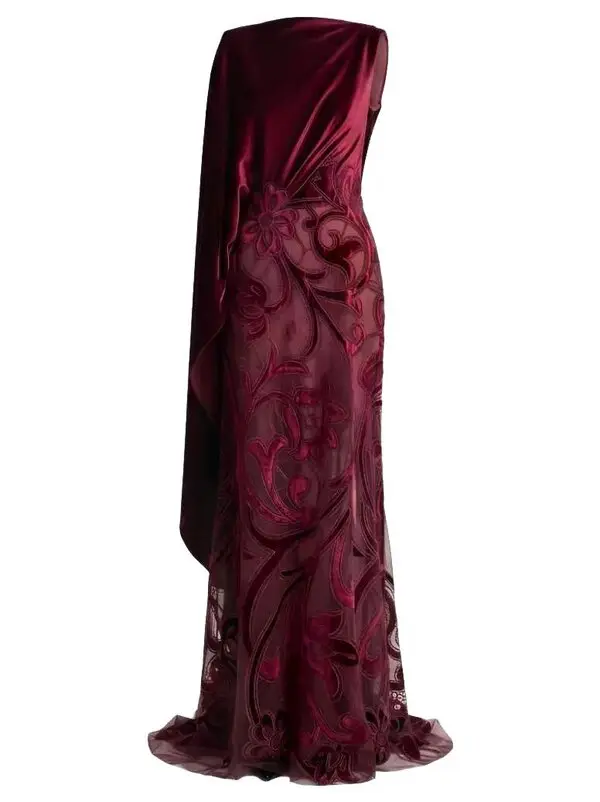 GEMY MAALOUF Velvet Trim Embroidered Maxi Dress - Red