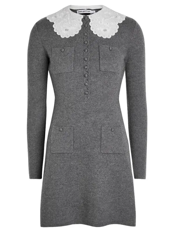 SELF-PORTRAIT Knit Mini Dress With Embroidered Peter Pan Collar - Grey