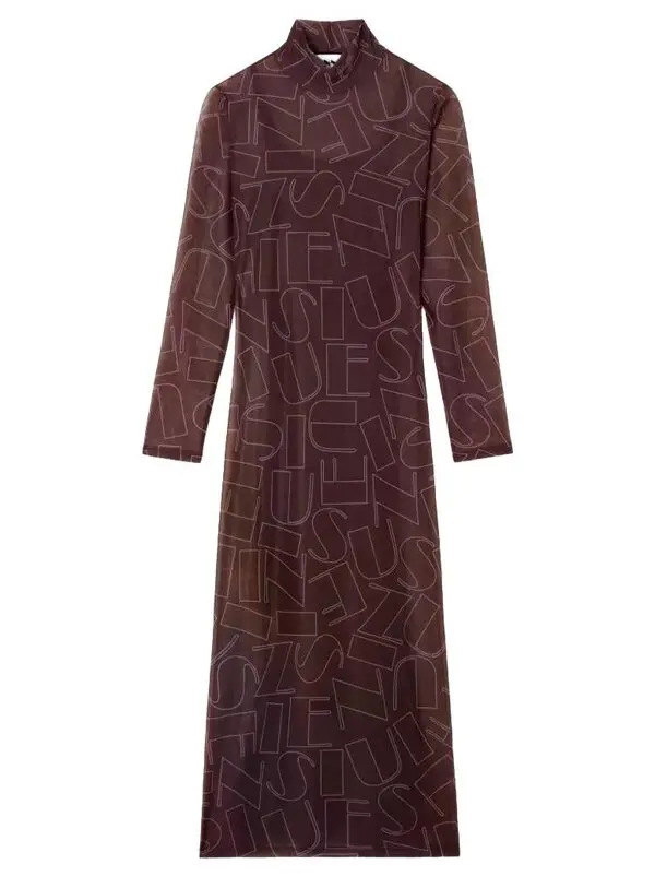 Sunnei Long Sleeve Sheer Midi Dress With Logo Pattern - Brown