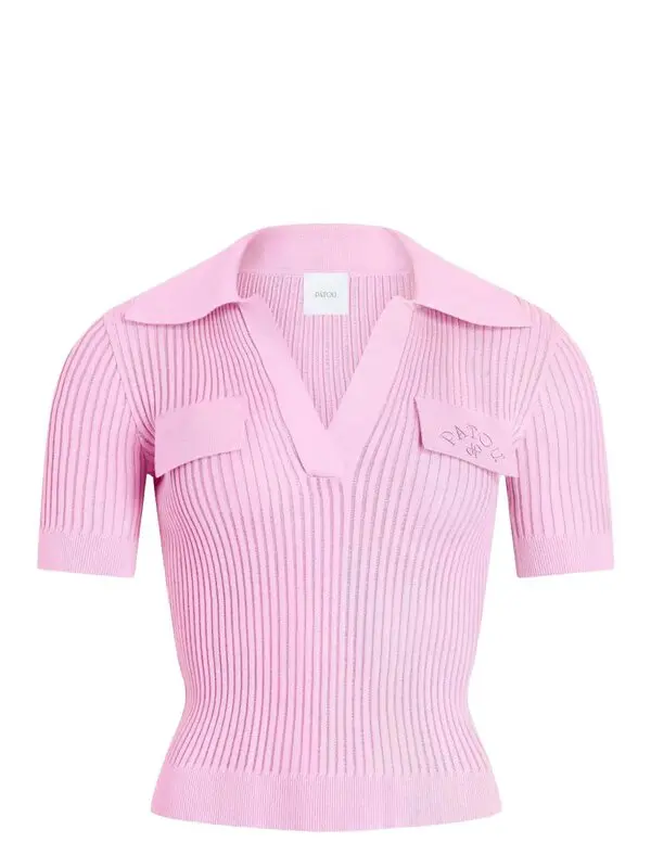 PATOU Ribbed Knit V-neck Top With Embroidered Logo - Pink