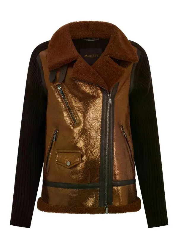 MOORER Shearling Ribbed Jacket - Brown