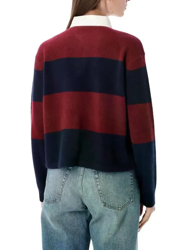 SPORTY & RICH Striped Polo Top With Embroidered Logo - Red