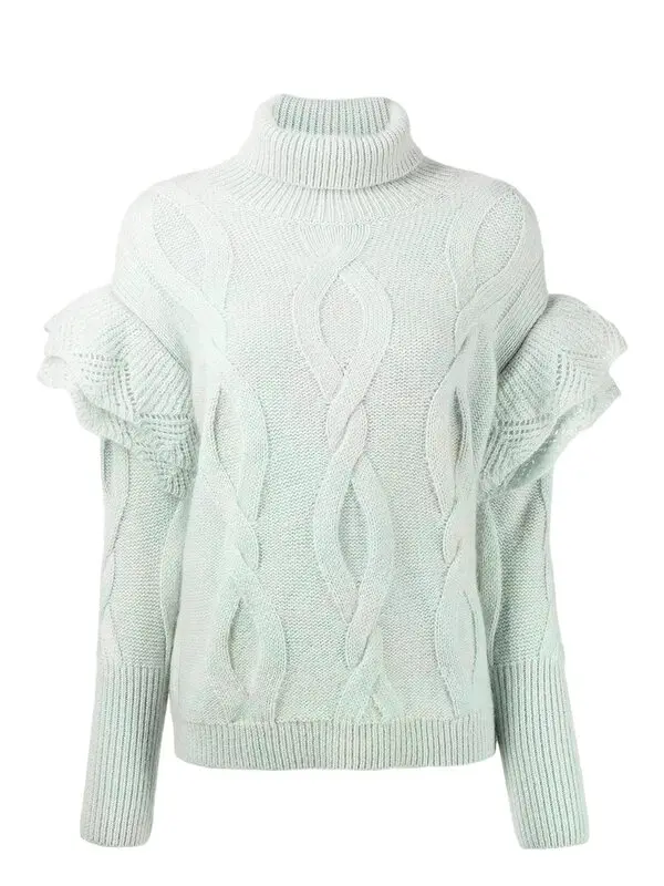 ONEFIFTEEN X Beyond The Radar Cable Knit Jumper With Ruffled Detailing - Green