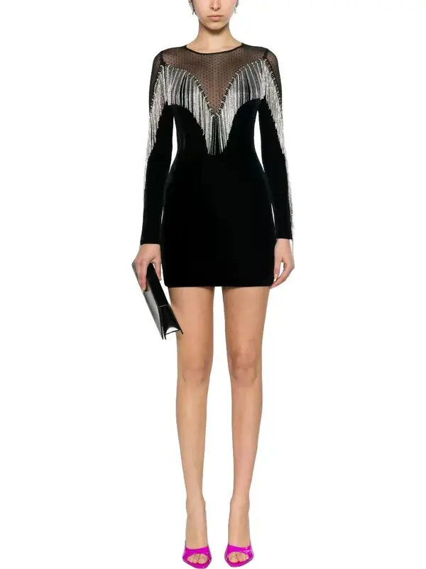 NISSA Velvet Mini Dress With Chain-link Fringe - Black