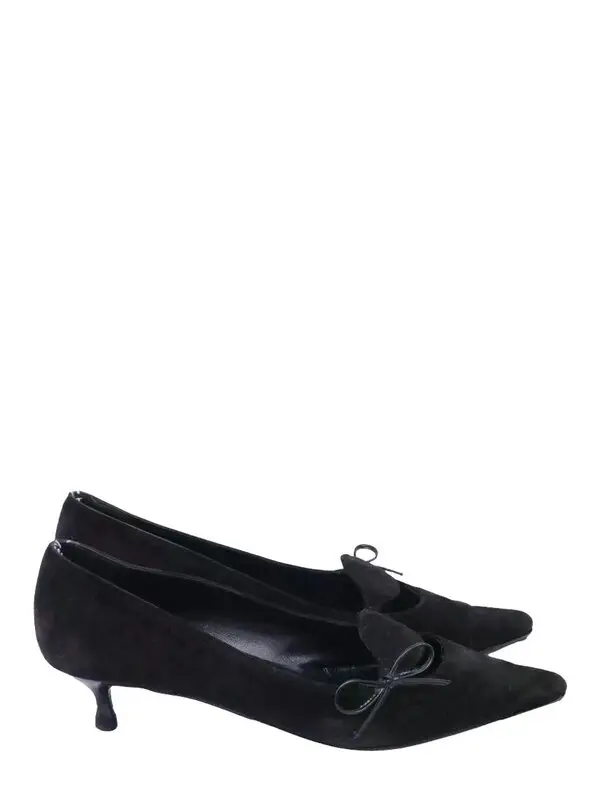 FERRAGAMO Suede Bow Detail Pointed Toe Kitten Heel Pumps - Black