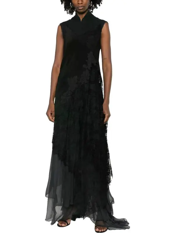 MARC LE BIHAN Lace Appliqué Asymmetric Maxi Dress - Black