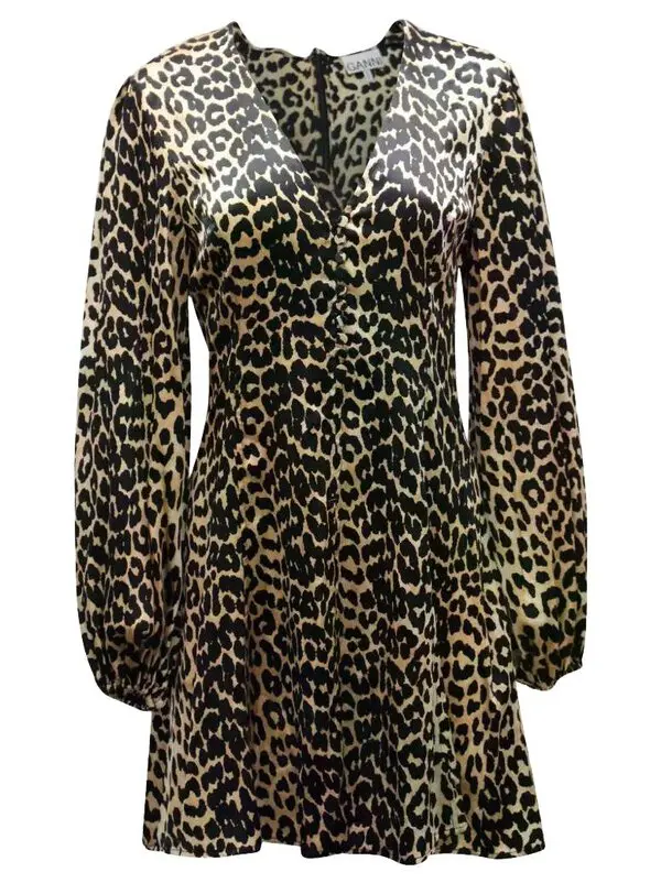 GANNI Leopard-print V-neck Long Sleeve Mini Dress - Neutrals