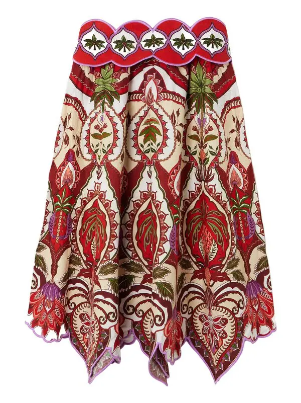 Farm Rio Odara Scalloped Printed Linen-blend Midi Skirt - Red