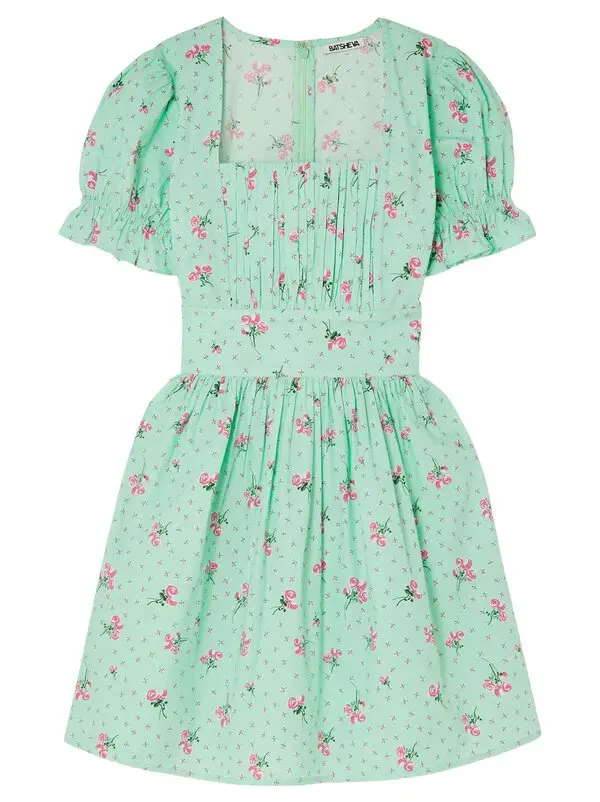 Batsheva Popham Pintucked Floral-print Cotton-poplin Mini Dress - Blue