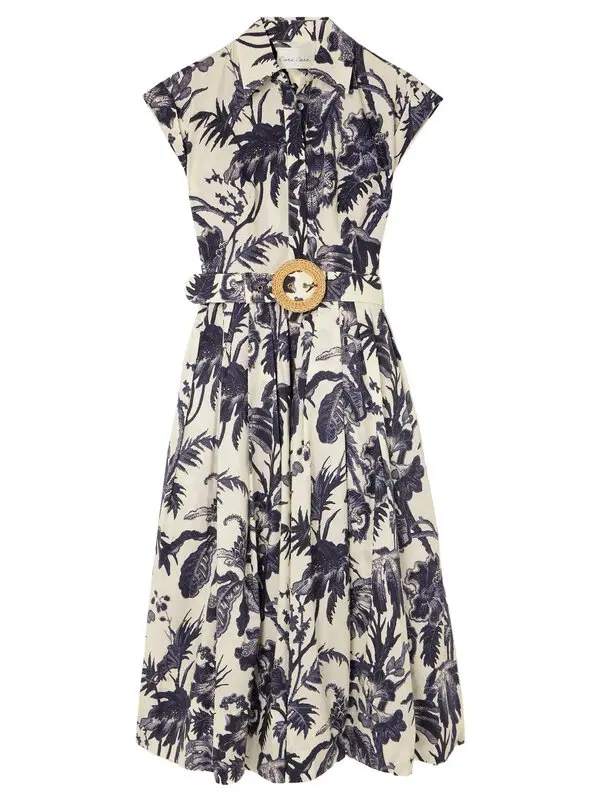 Cara Cara Octavia Belted Pleated Floral-print Cotton-poplin Midi Shirt Dress - Blue