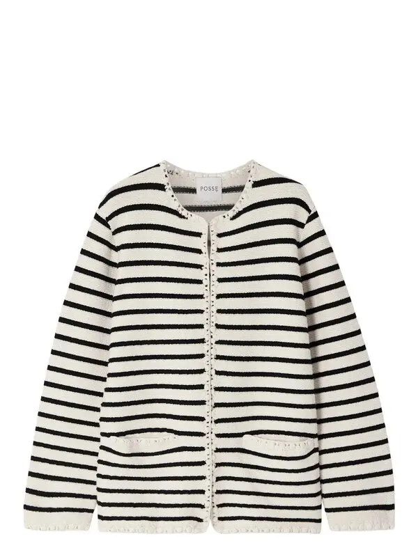 Posse Henry Embellished Striped Knitted Cardigan - White