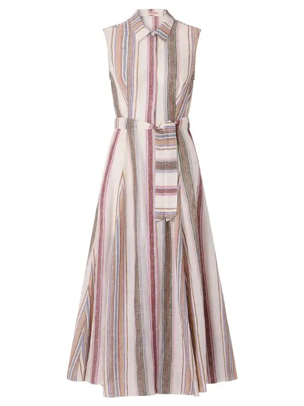 EMPORIO SIRENUSE Miralda Belted Striped Linen Midi Shirt Dress - Multi