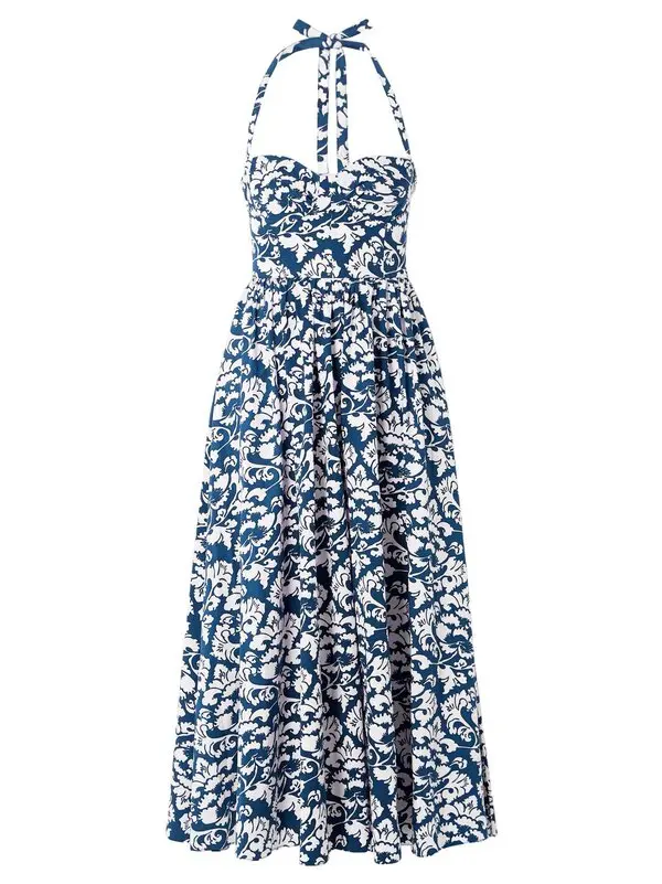 EMPORIO SIRENUSE Johanna Lotus Floral-print Cotton Halterneck Midi Dress - Blue