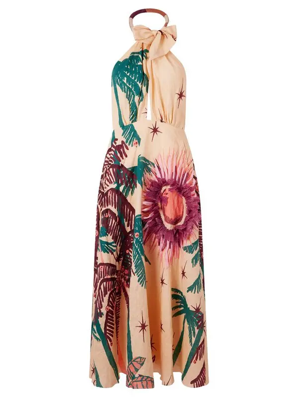 Johanna Ortiz Appliquéd Printed Linen-blend Halterneck Maxi Dress - Neutrals