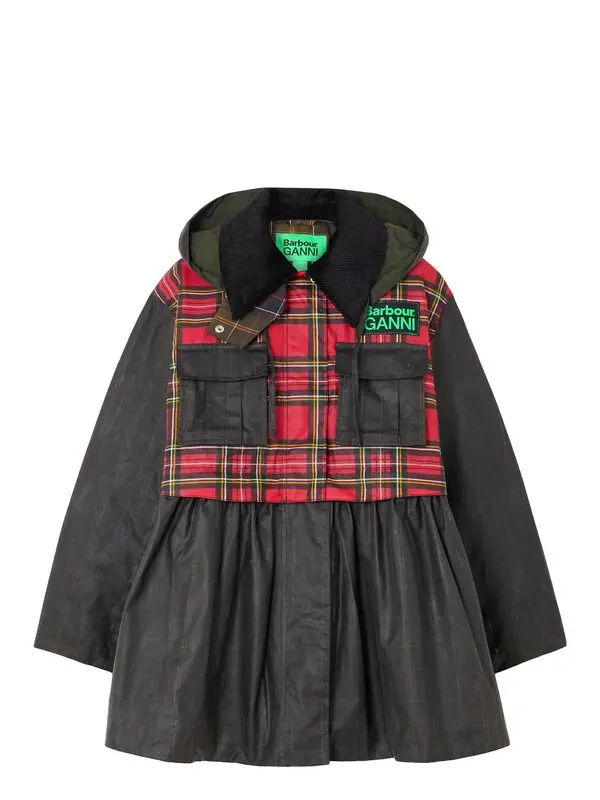Barbour Ganni Hooded Corduroy-trimmed Checked Waxed-cotton Peplum Jacket - Multi