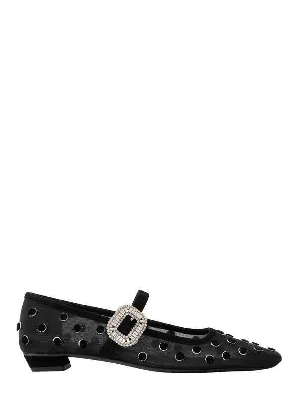 ROGER VIVIER Belle Vivier Embellished Flocked Mesh Mary Jane Flats - Black