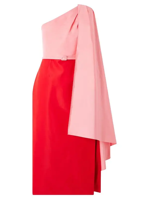 Carolina Herrera Belted Color-block Silk-faille One-shoulder Midi Dress With Cape Detail - Red