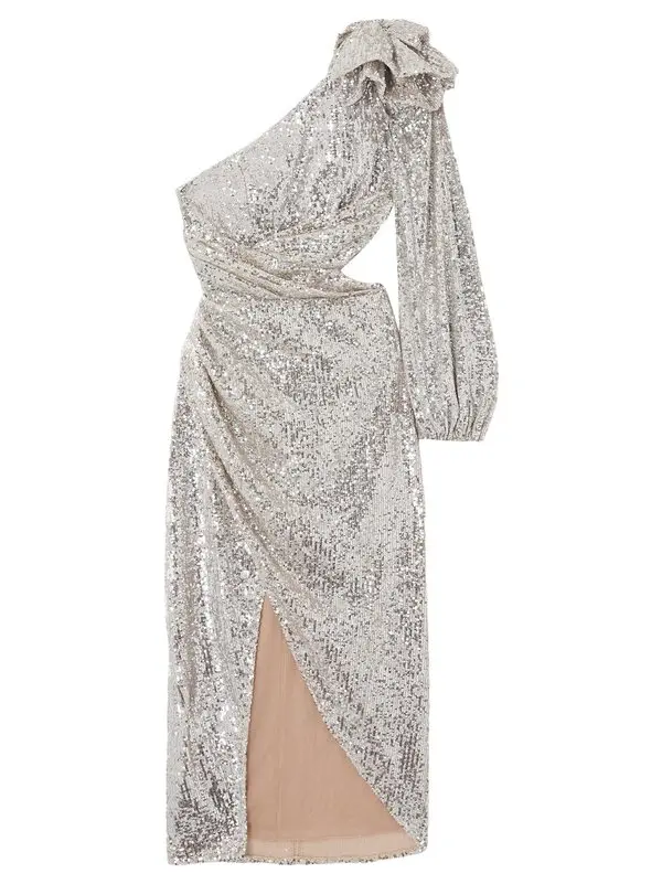 PatBO One-shoulder Cut-out Sequined Satin Midi Dress - Silver