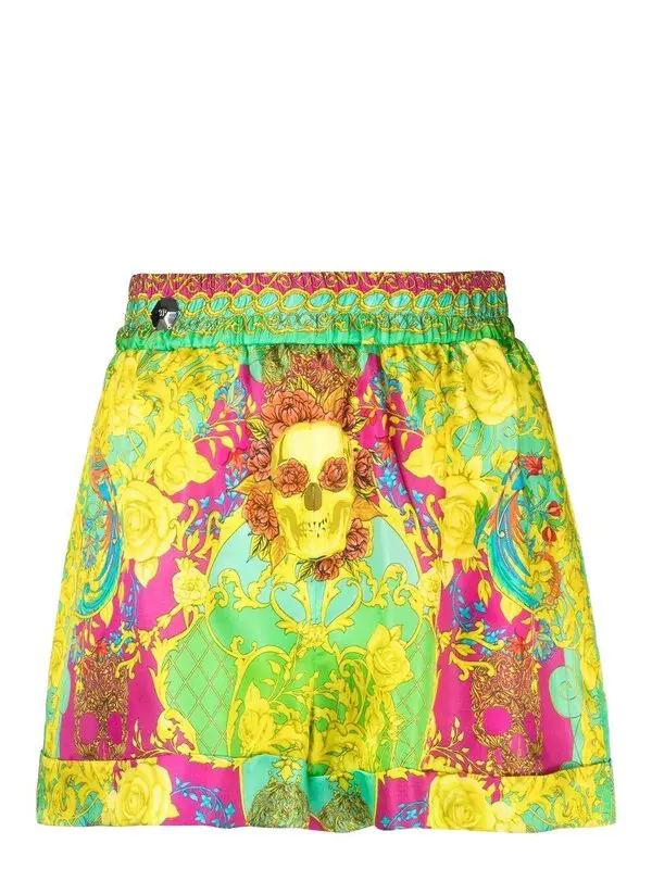 Philipp Plein Baroque Skull Print Shorts - Green