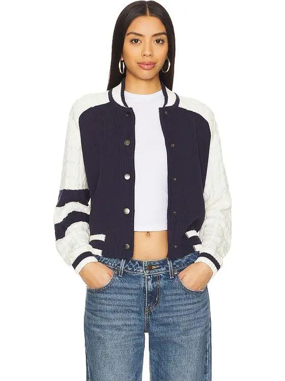 Central Park West Cable Sleeve Knit Bomber In . Also - Navy