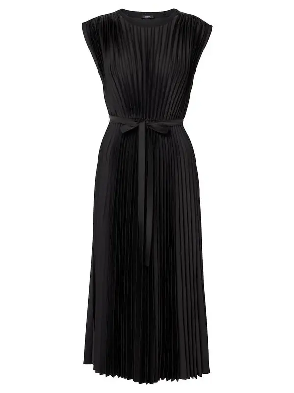 JOSEPH Volta Belted Plissé Satin Midi Dress - Black