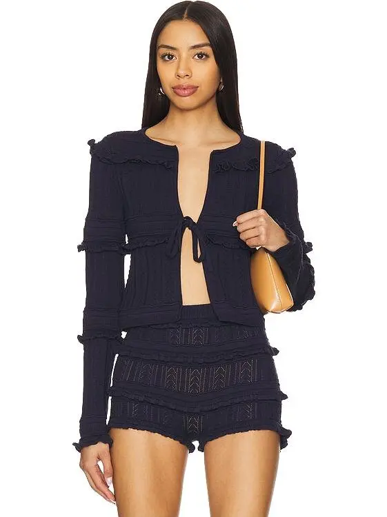Majorelle Ribbed Knit Cardigan With Ruffle Trim - Navy