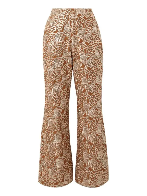 DIMA AYAD Embroidered Satin High-rise Straight-leg Pants - Brown