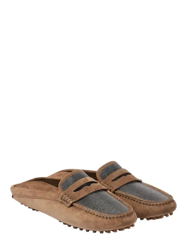 Brunello Cucinelli Monili Suede Driving Mules - Brown