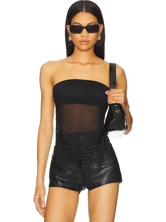 MORE TO COME Strapless Fringe Trim Top - Black