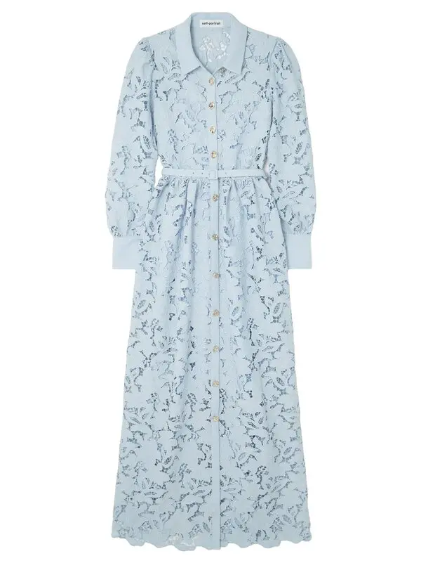 SELF-PORTRAIT Belted Corded Lace Maxi Dress - Blue