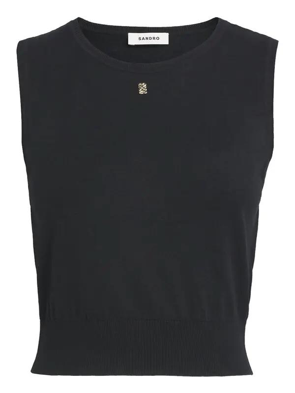 Sandro Cotton-blend Ribbed Tank Top With Gold-tone Logo Embellishment - Black