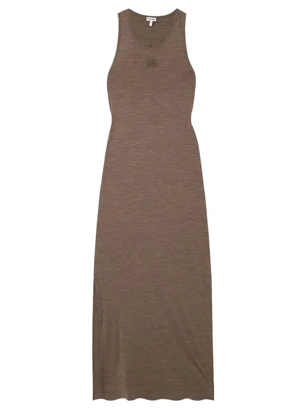 Loewe Anagram Embroidered Twist-back Wool-blend Jersey Maxi Dress - Brown