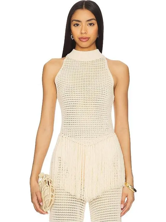 Devon Windsor Titan Top Crochet Mockneck With Fringe Trim - Tan