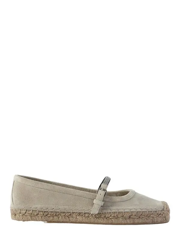 Brunello Cucinelli Bead-embellished Suede Mary Jane Espadrille Flats - Brown