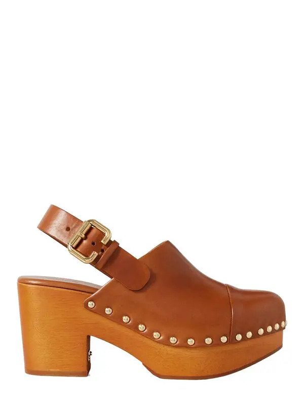 Chloé Jeannette Studded Leather Slingback Platform Clogs - Brown