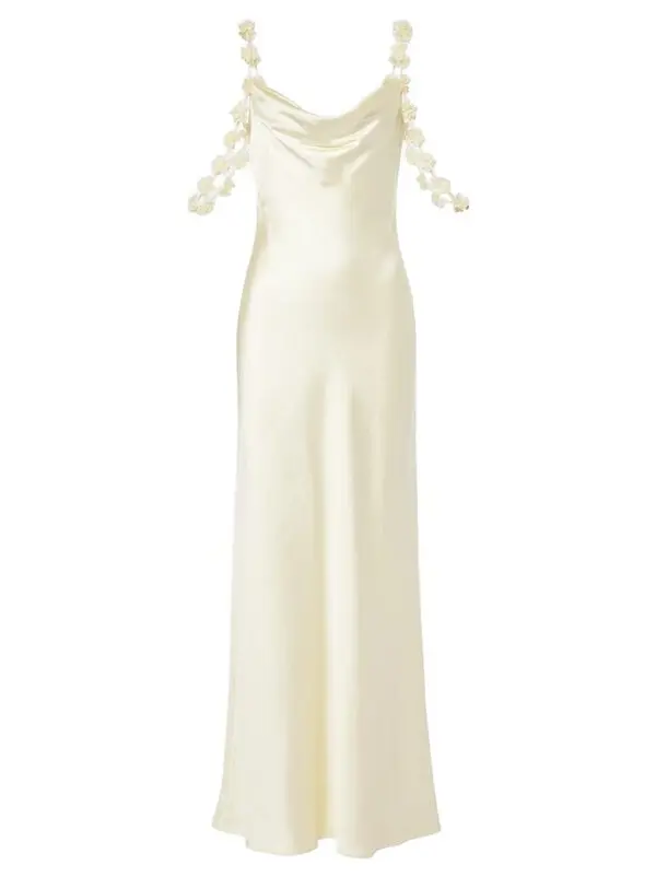 SELF-PORTRAIT Floral Appliqué Satin Maxi Dress - Yellow