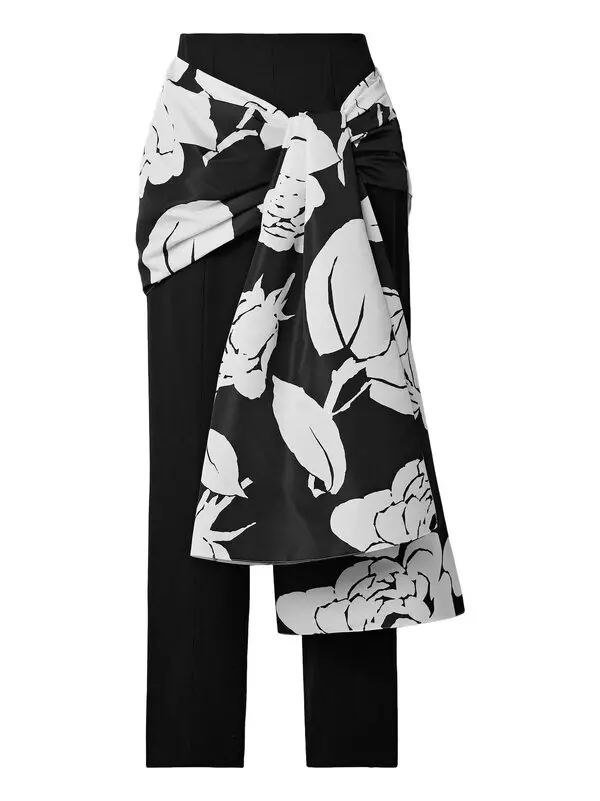 Carolina Herrera Draped Floral-print Faille And Crepe Slim-leg Pants - Black