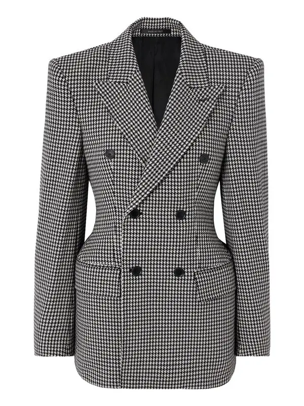 Balenciaga Hourglass Houndstooth Double-breasted Wool Blazer - Gray