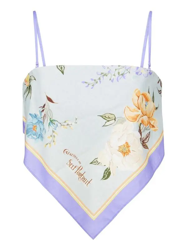 SELF-PORTRAIT Floral Linen And Cotton Crop Top - Blue